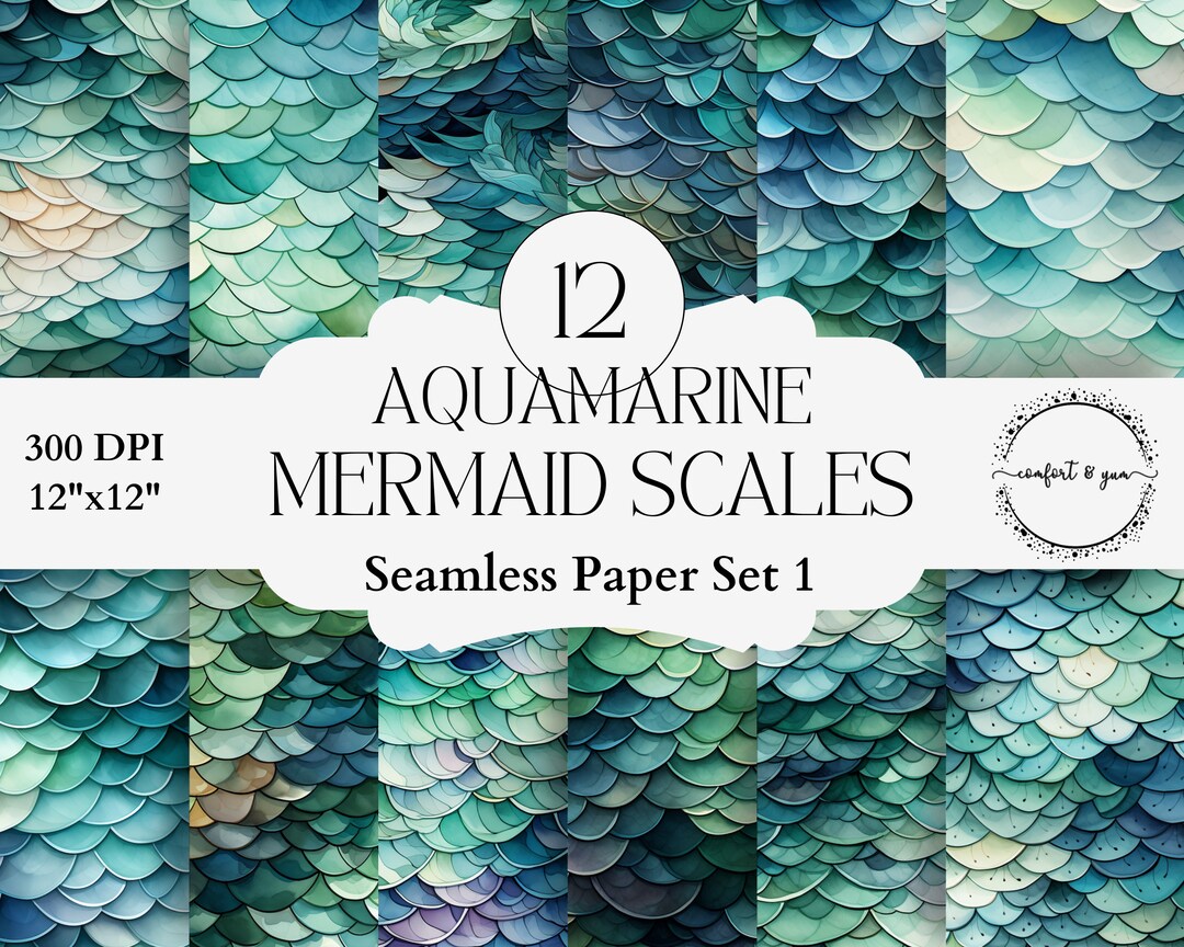 Aquamarine Mermaid Scales Seamless Watercolor Papers, Teal and Green ...