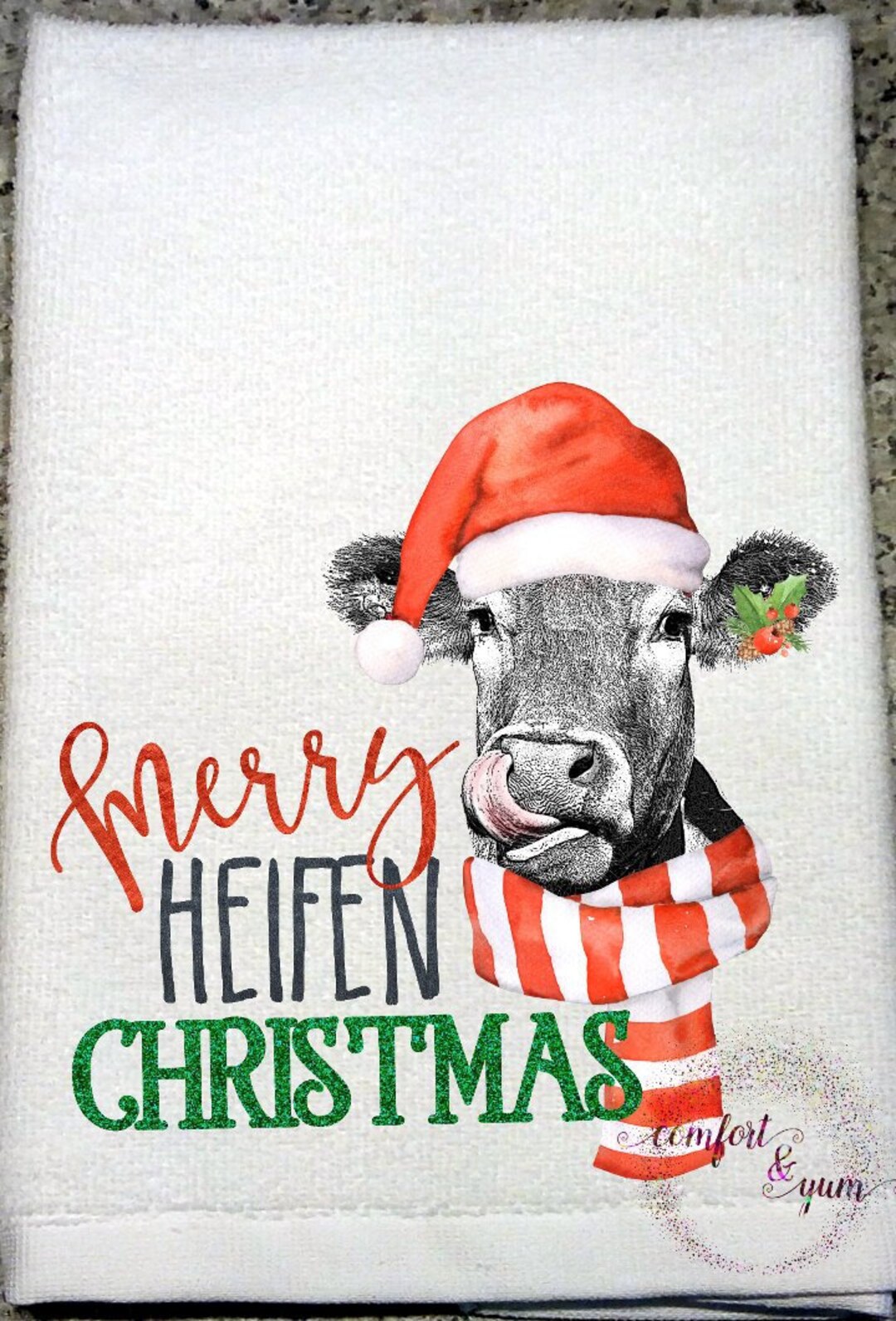 Merry Heifen Christmas, Heifer Cow, Holiday Gift, Kitchen Tea Towel ...