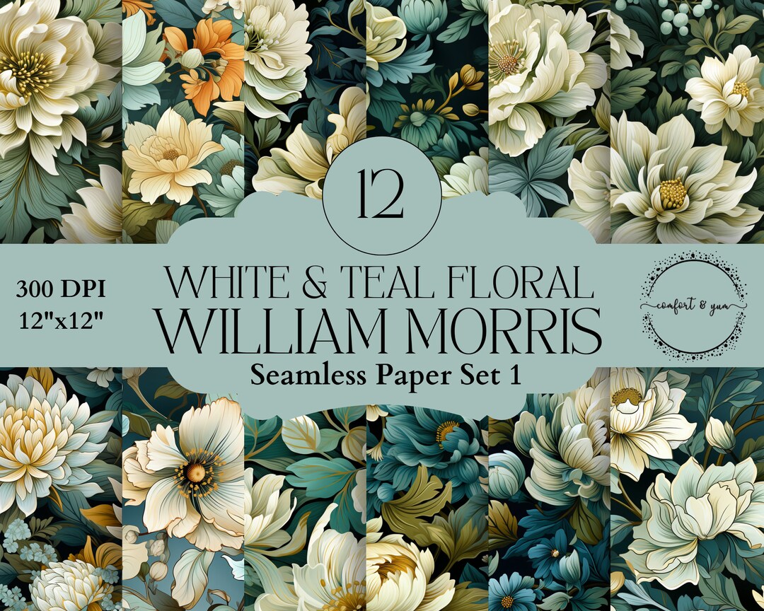 White & Teal Floral William Morris Inspired Seamless Papers for Card ...