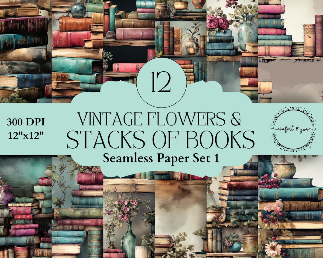 Vintage Flowers & Book Stacks Papers, Watercolor Images for Card Making ...