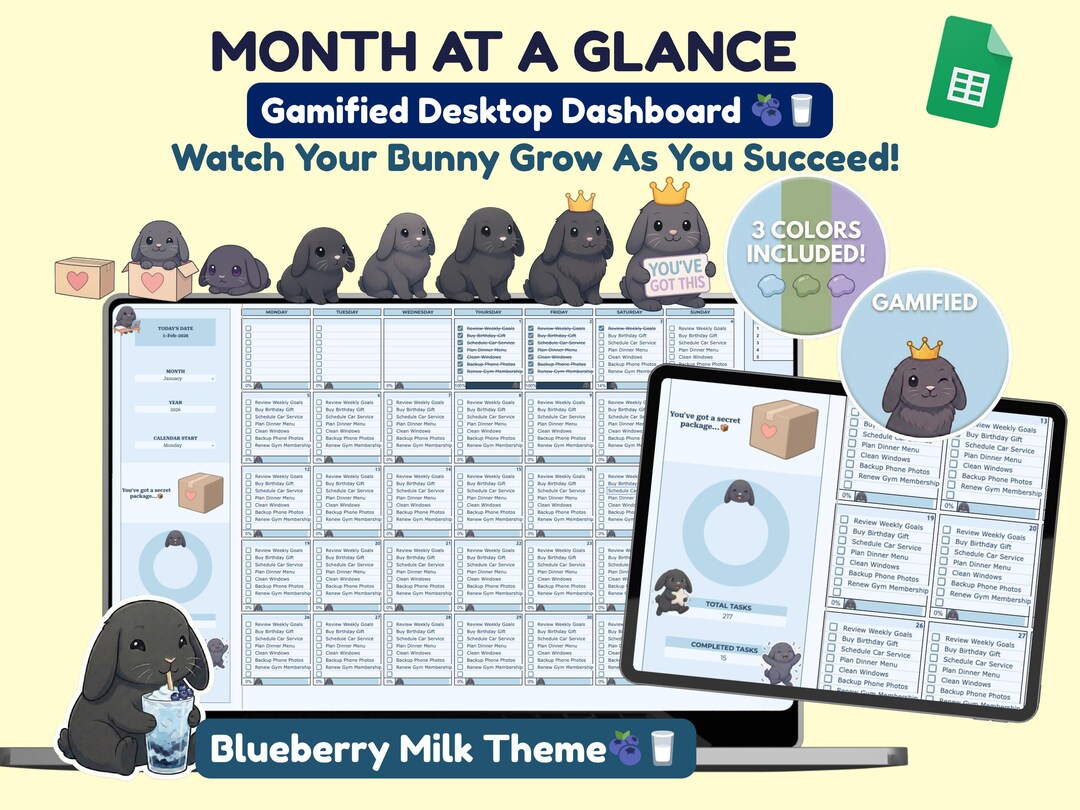 Blueberry Milk Monthly Desktop Dashboard, Gamified Month at a Glance ...