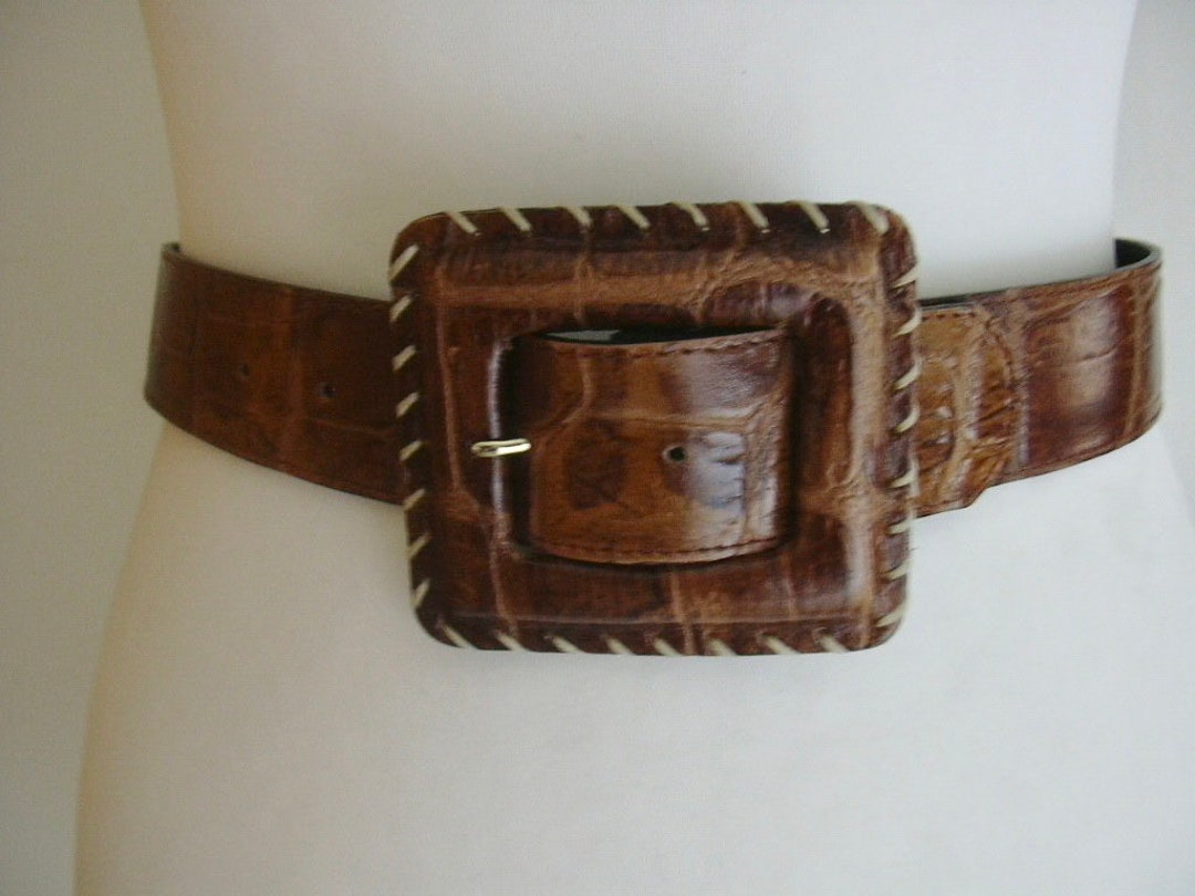 Vintage Whipstitch Square Buckle Wide Brown Leather Belt XS - Etsy