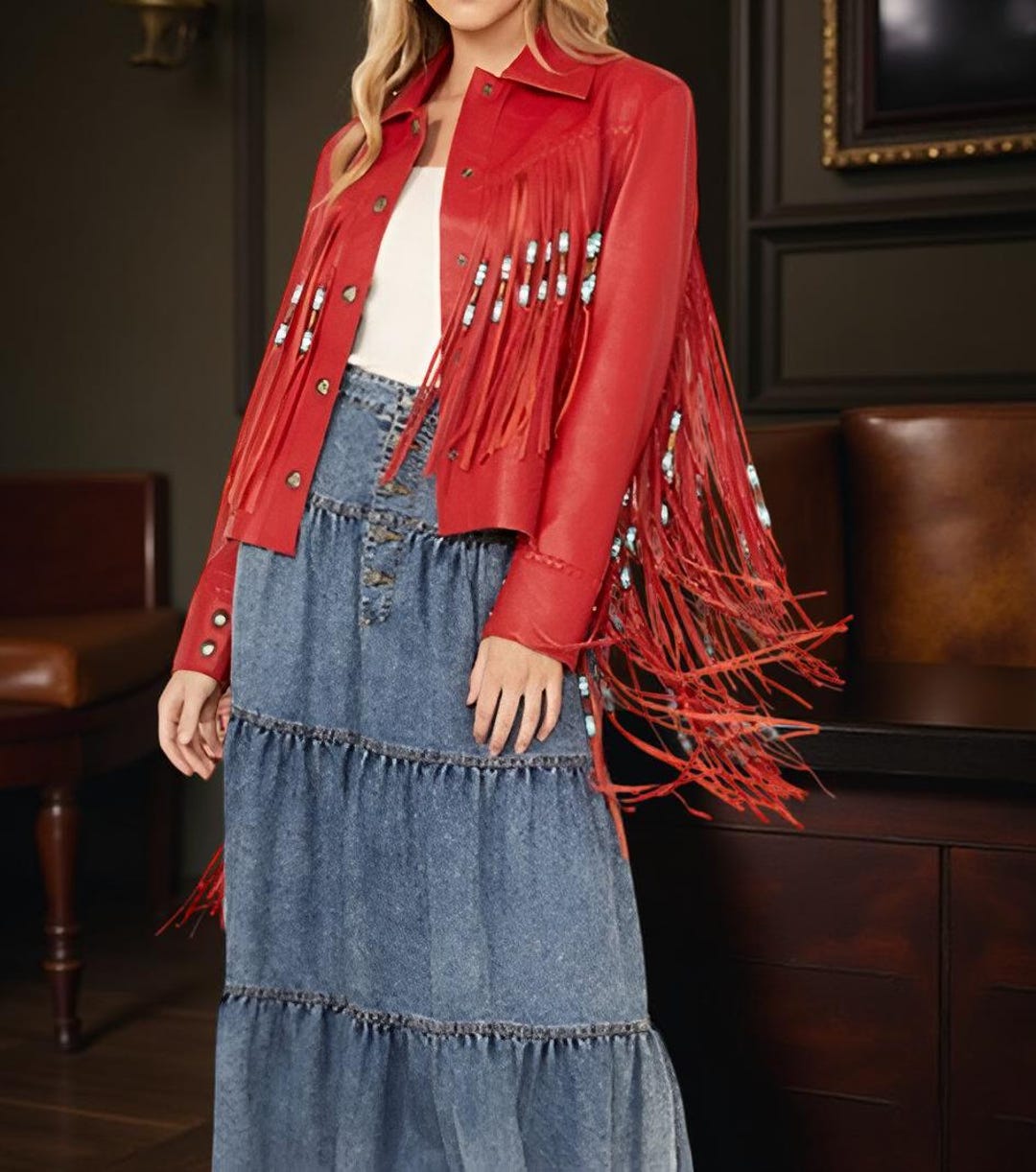 Leather Fringes Red Snap Jacket ,fashion Country Side Western Jacket ...