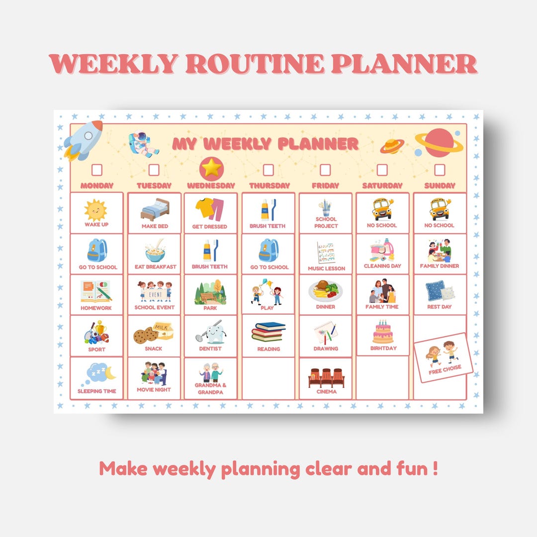 Kids Weekly Planner Printable With Visual Cards | Space Rocket Routine ...
