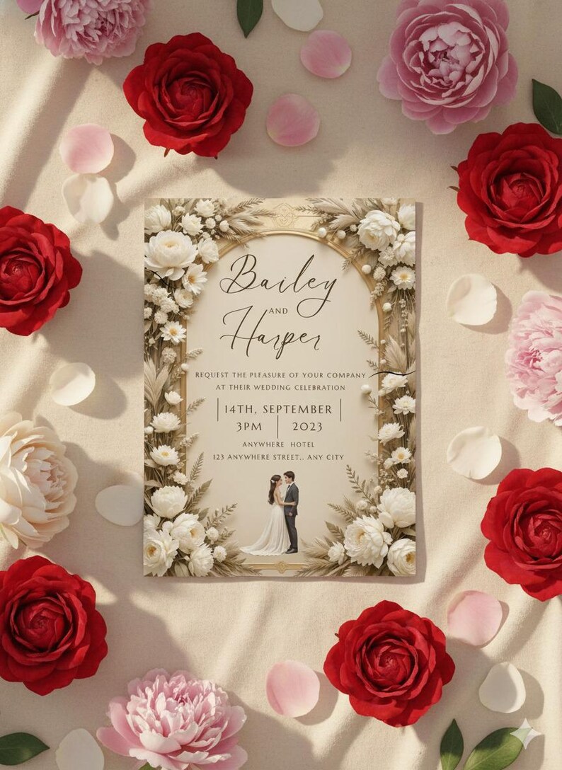 Boho Wedding Invitation Template | Elegant Floral Arch Wedding Invite ...