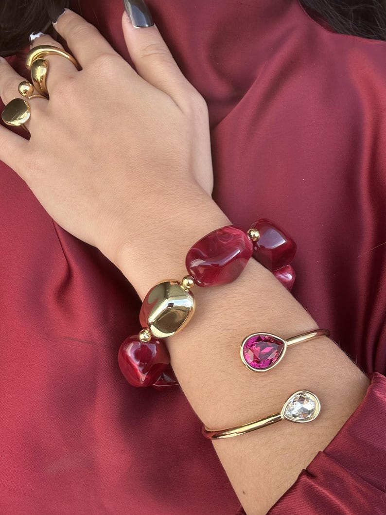 Burgundy Resin Bangle Set, Wine Chunky Bracelets Stack, Gold Accent ...