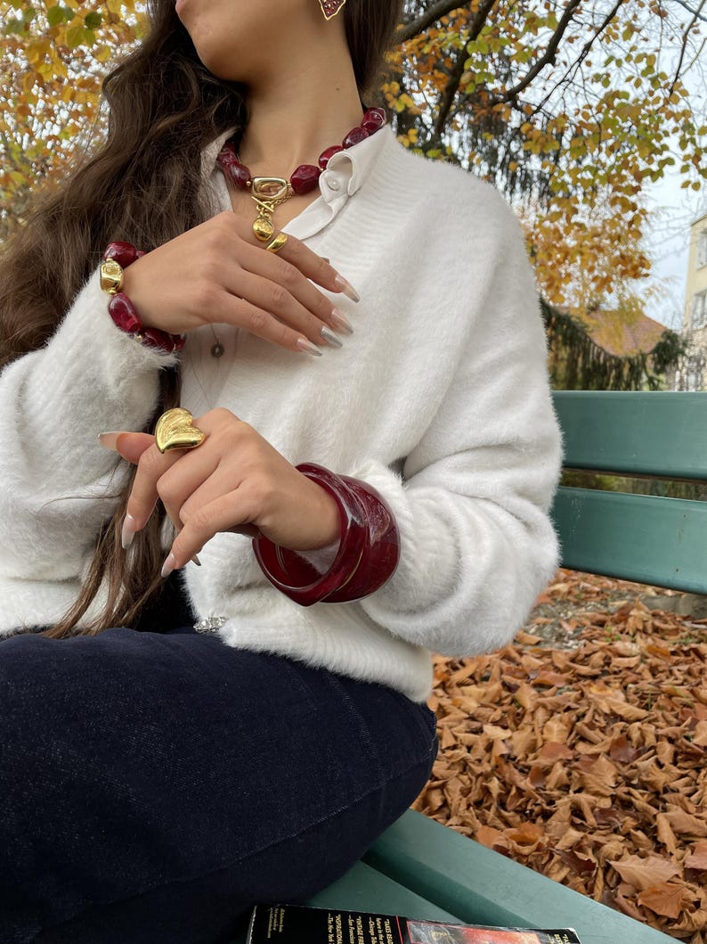 Burgundy Resin Bangle Set, Wine Chunky Bracelets Stack, Gold Accent ...