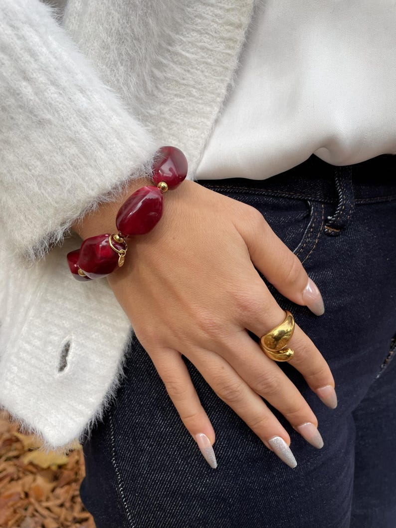 Burgundy Resin Bangle Set, Wine Chunky Bracelets Stack, Gold Accent ...