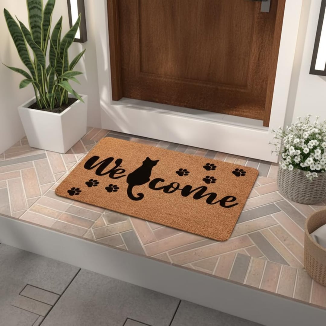 Black Cat Welcome Mat – Handmade Coir Doormat With Paw Prints - Etsy