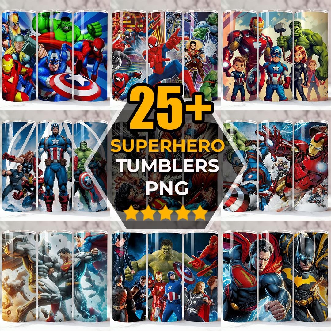 Superheros Tumbler Wrap Bundle: Cartoon Movie Characters, 20oz PNG ...
