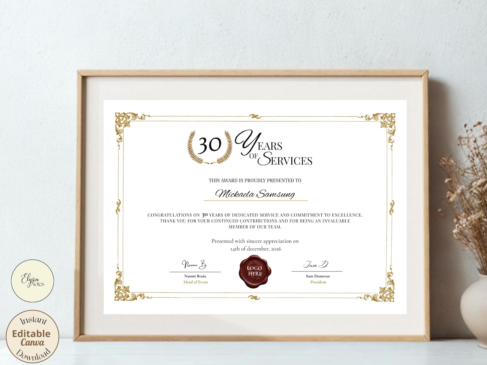 Years of Service Certificate Template, Editable Employee Award, Digital ...