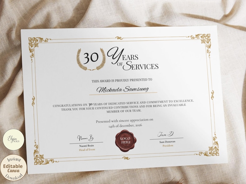 Years of Service Certificate Template, Editable Employee Award, Digital ...