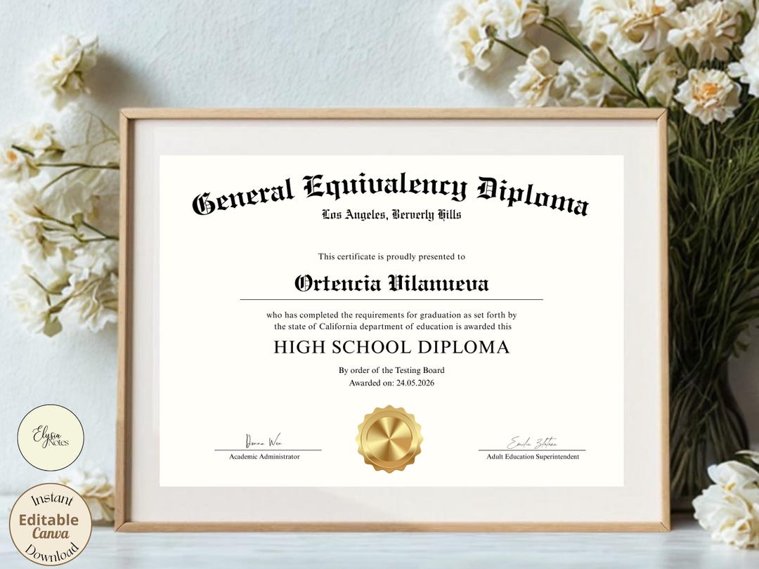 Gold Seal GED Diploma Template, Editable Canva Certificate, Printable ...