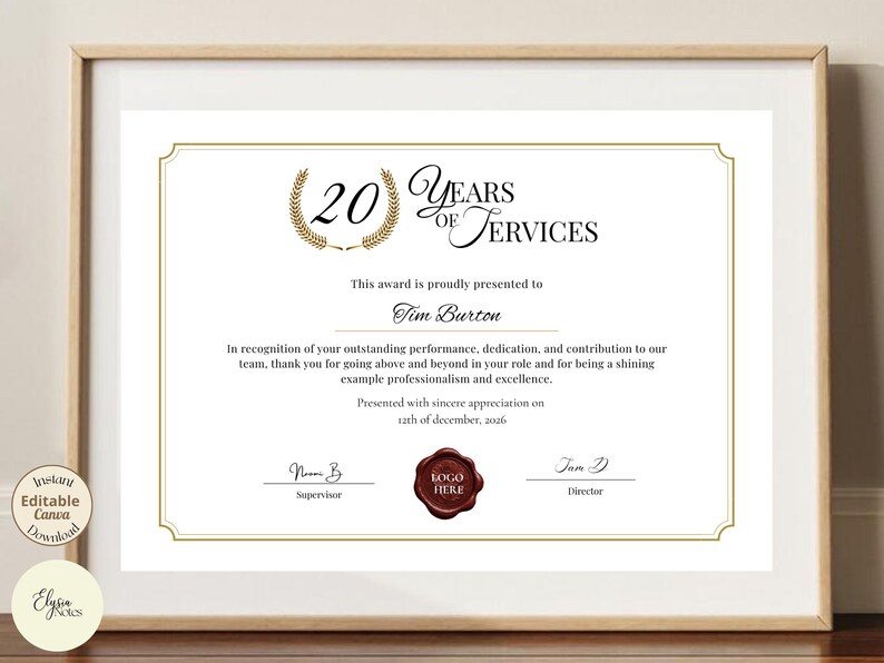Years of Service Certificate Template, Editable Award for Employee ...