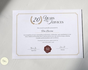 Years of Service Certificate Template, Editable Employee Award, Digital ...