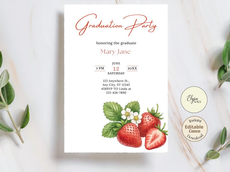 Watercolor Strawberry Berry Sweet Graduation Party Invitation, High ...