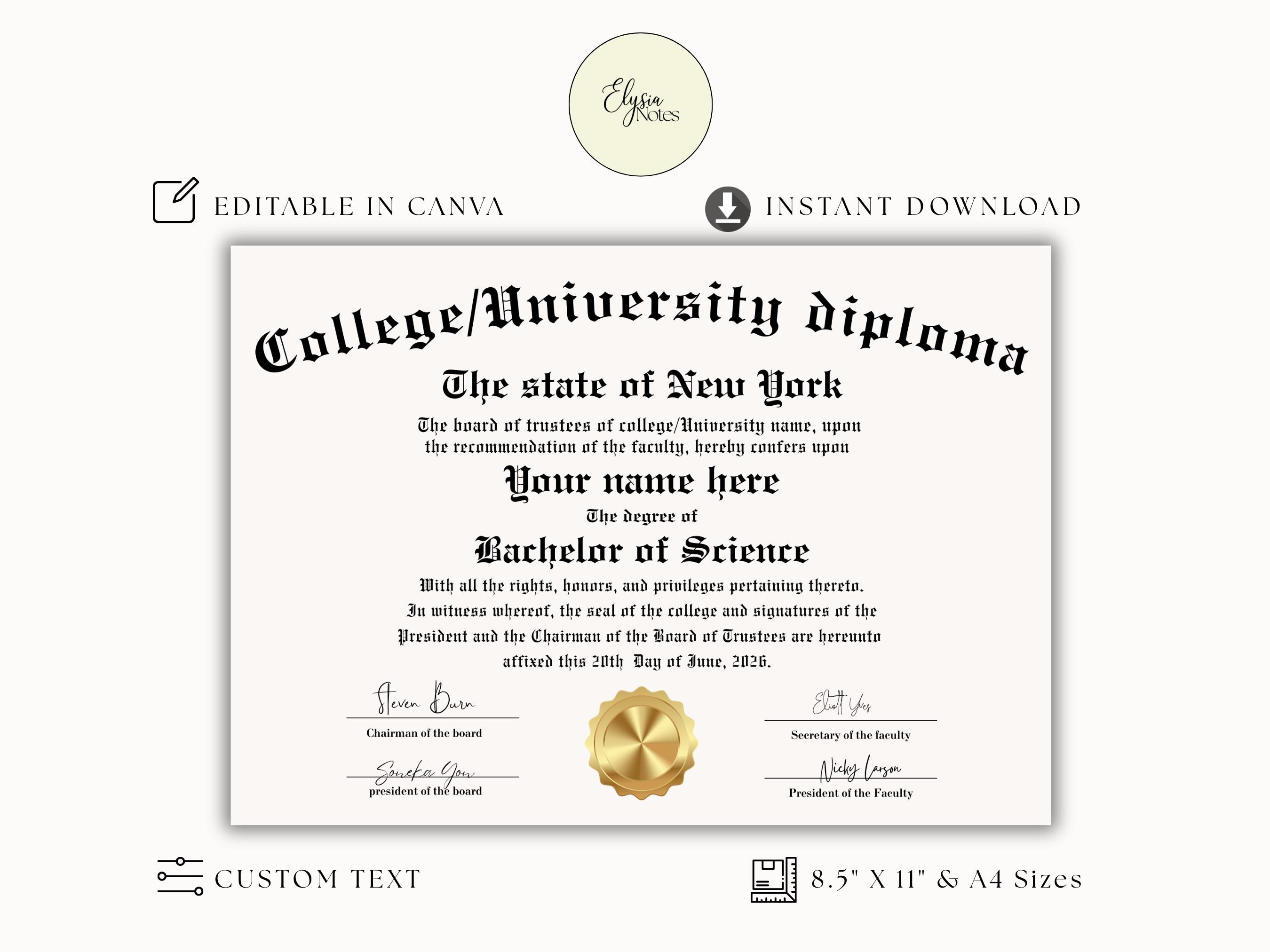 University Diploma Template, Gold Seal Editable Certificate, Printable ...