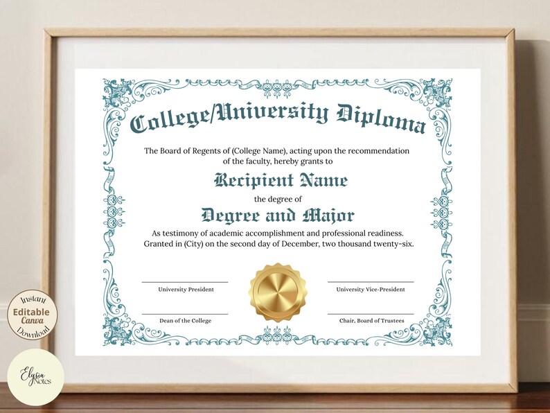 College Diploma Gold Seal, Editable Graduation Certificate Template ...