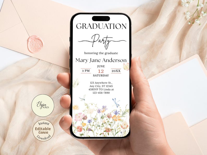Wildflower Graduation Party Invitation Template, Butterfly Floral Grad ...
