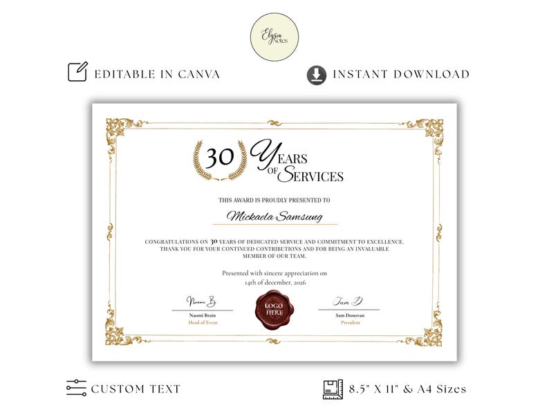 Years of Service Certificate Template, Editable Employee Award, Digital ...