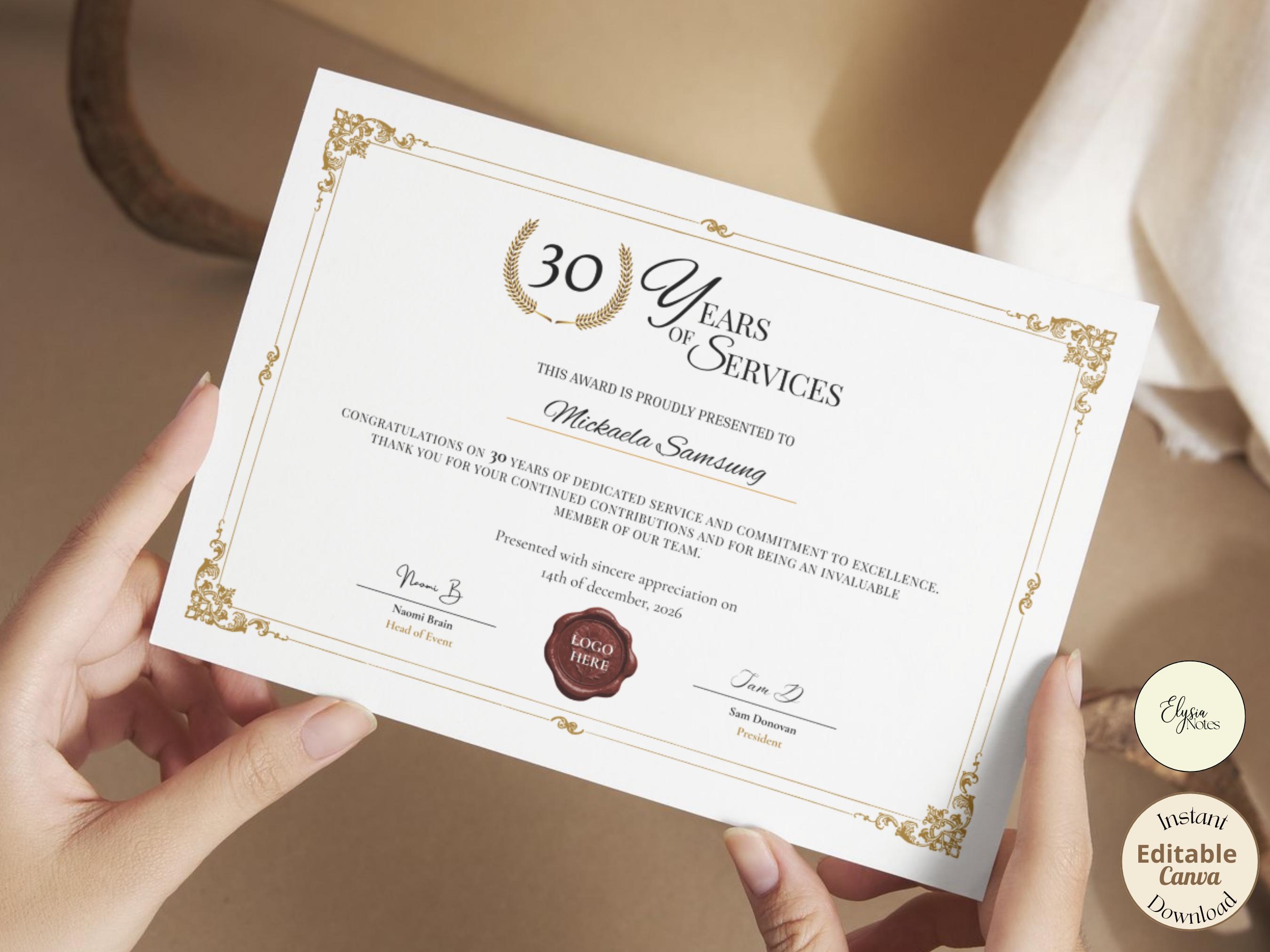 Years of Service Certificate Template, Editable Employee Award, Digital ...