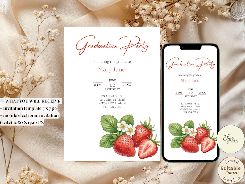 Watercolor Strawberry Berry Sweet Graduation Party Invitation, High ...