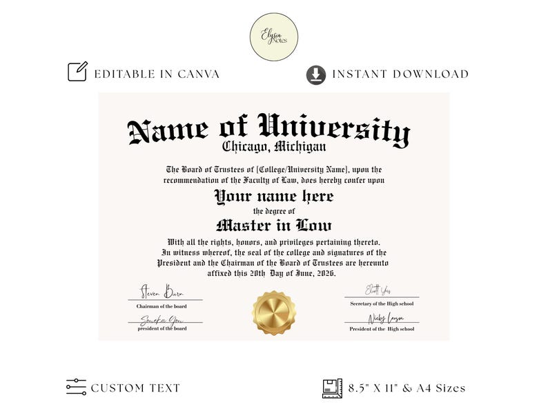 University Diploma Template, Editable Graduation Certificate With Gold ...