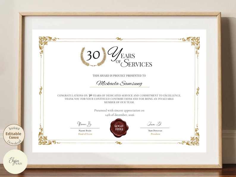 Years of Service Certificate Template, Editable Employee Award, Digital ...