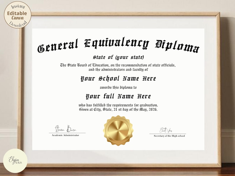 GED Certificate Template, Editable Canva Design, Printable Graduation ...
