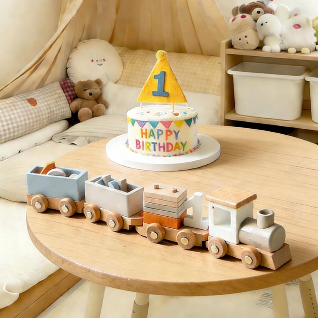 Train Toy for Kid's Birthday, Train Set With Cake Toppers, Wooden Party ...