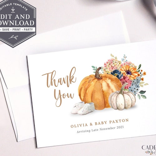 Pumpkin Thank You Printable Card Fall Baby Shower Thank You - Etsy