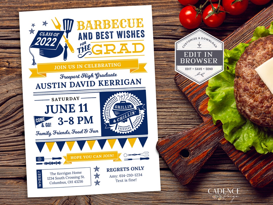BBQ Graduation Party Invite, BBQ Grad Party Invitation, Navy and Gold ...
