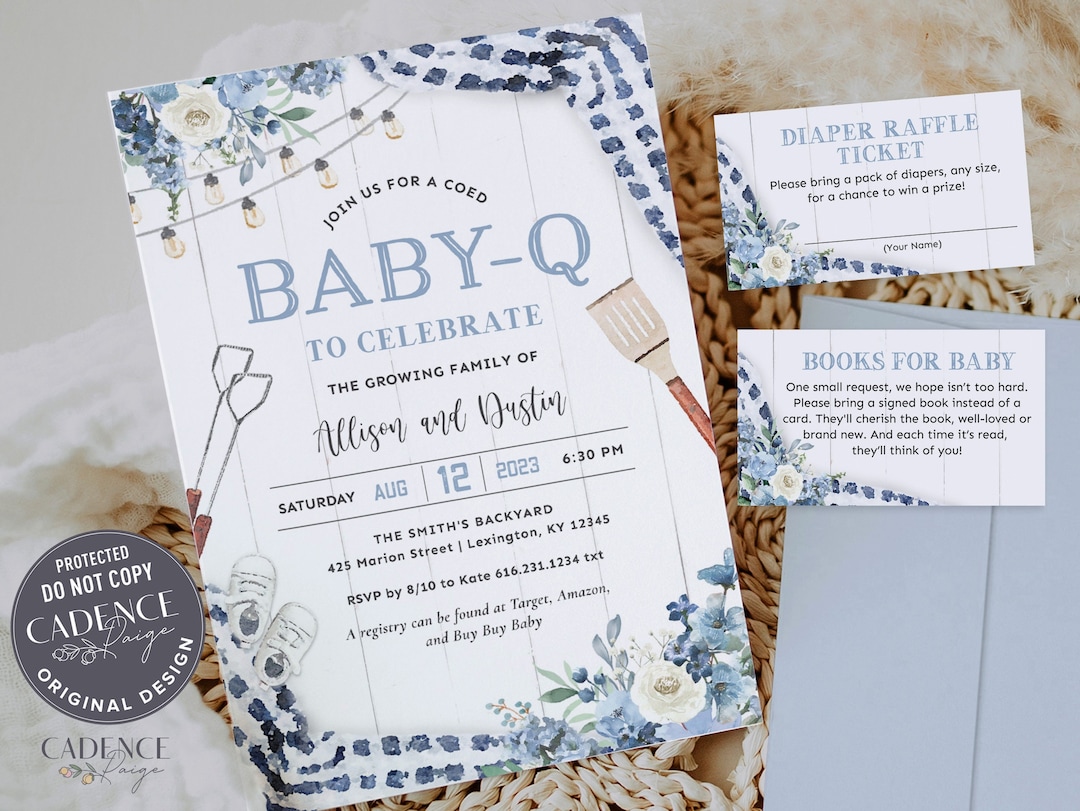 Blue Baby-q Shower Invitation, Coed Baby Shower Invite for Baby Boy ...