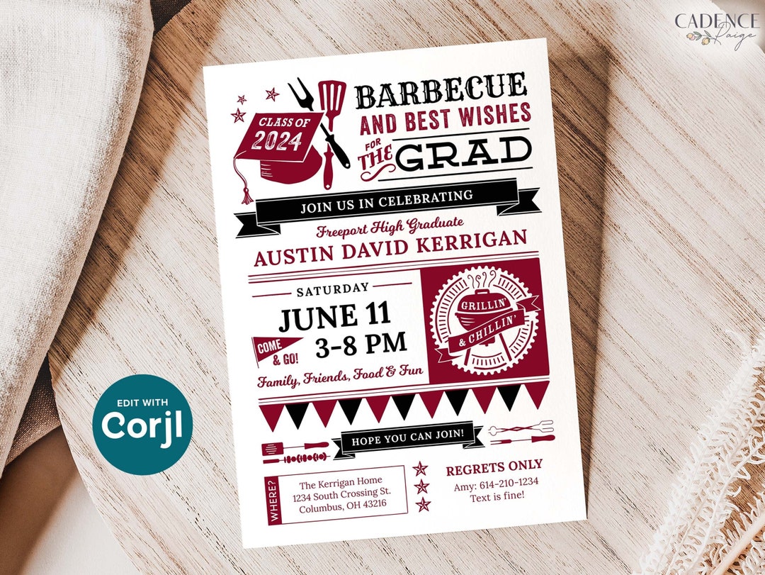 BBQ Graduation Party Invite, BBQ Grad Party Invitation, Black and ...