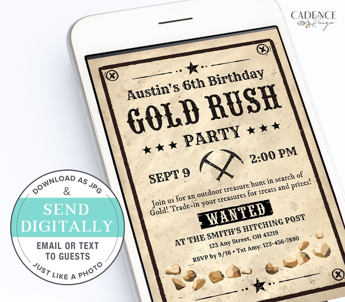Golden Birthday Invitation Gold Rush Birthday Invite Unique - Etsy