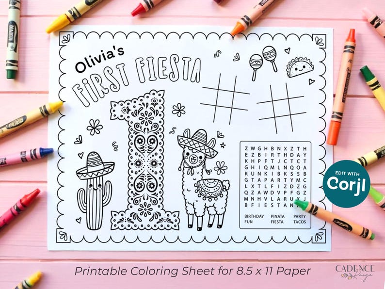 Custom First Fiesta Coloring Page: Printable Birthday Activity (digital ...