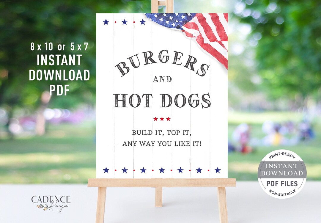 Printable Burgers & Hot Dogs Sign, Burgers and Dogs Bar, Printable 4th ...