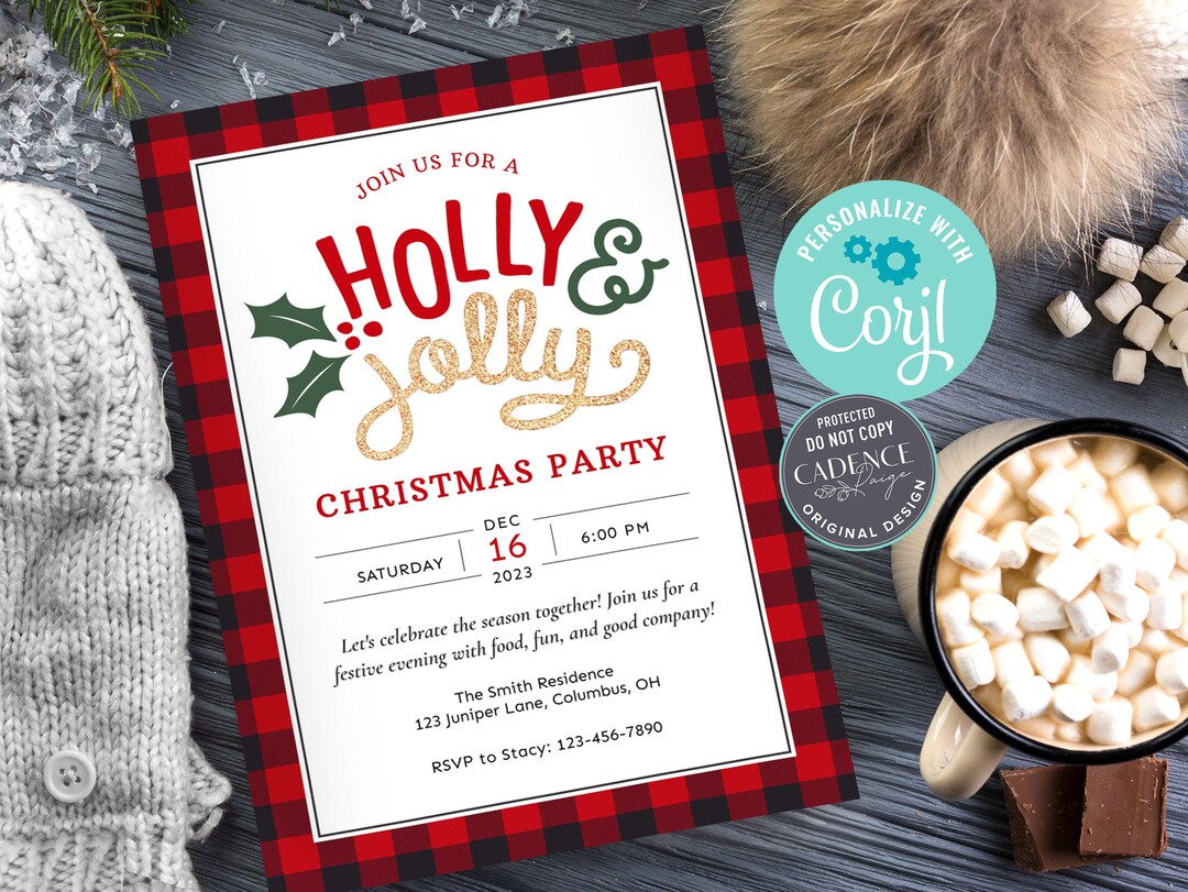 Digital Christmas Party Invitation, Holly Jolly Party Invitation ...