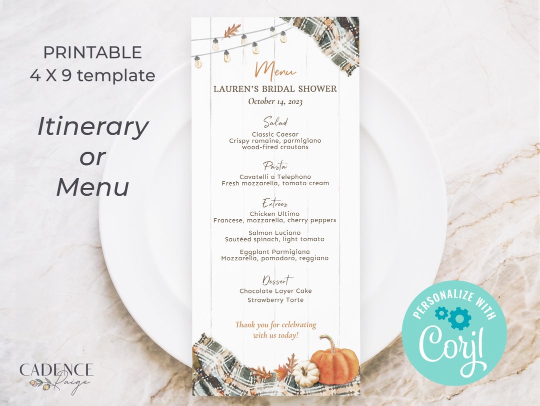 Printable Menu for Fall, Fall Weekend Itinerary Template, Autumn Menu ...