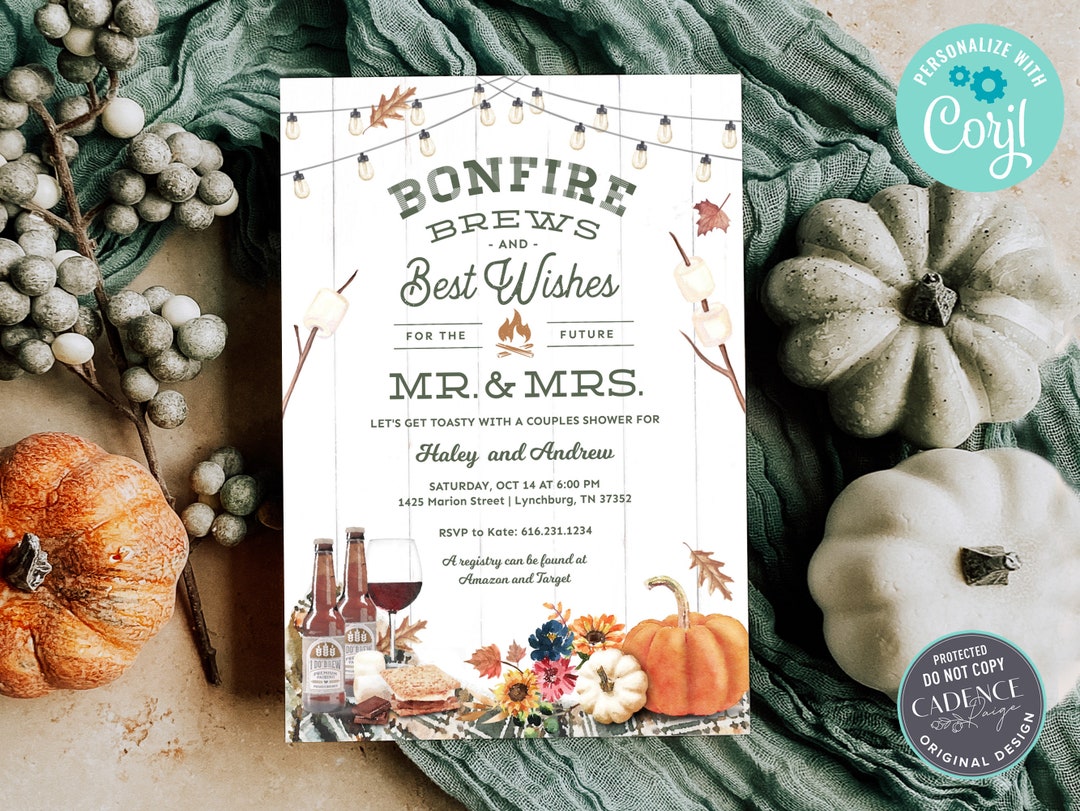 Digital Bonfire and Brews Couples Shower Invitation, Autumn Wedding ...