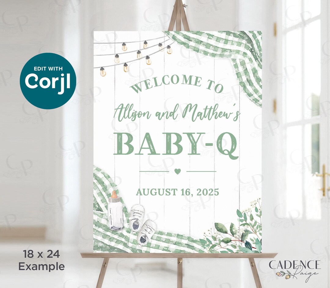 Green Gingham Baby Q Welcome Sign: BBQ Shower Decor (digital Template ...