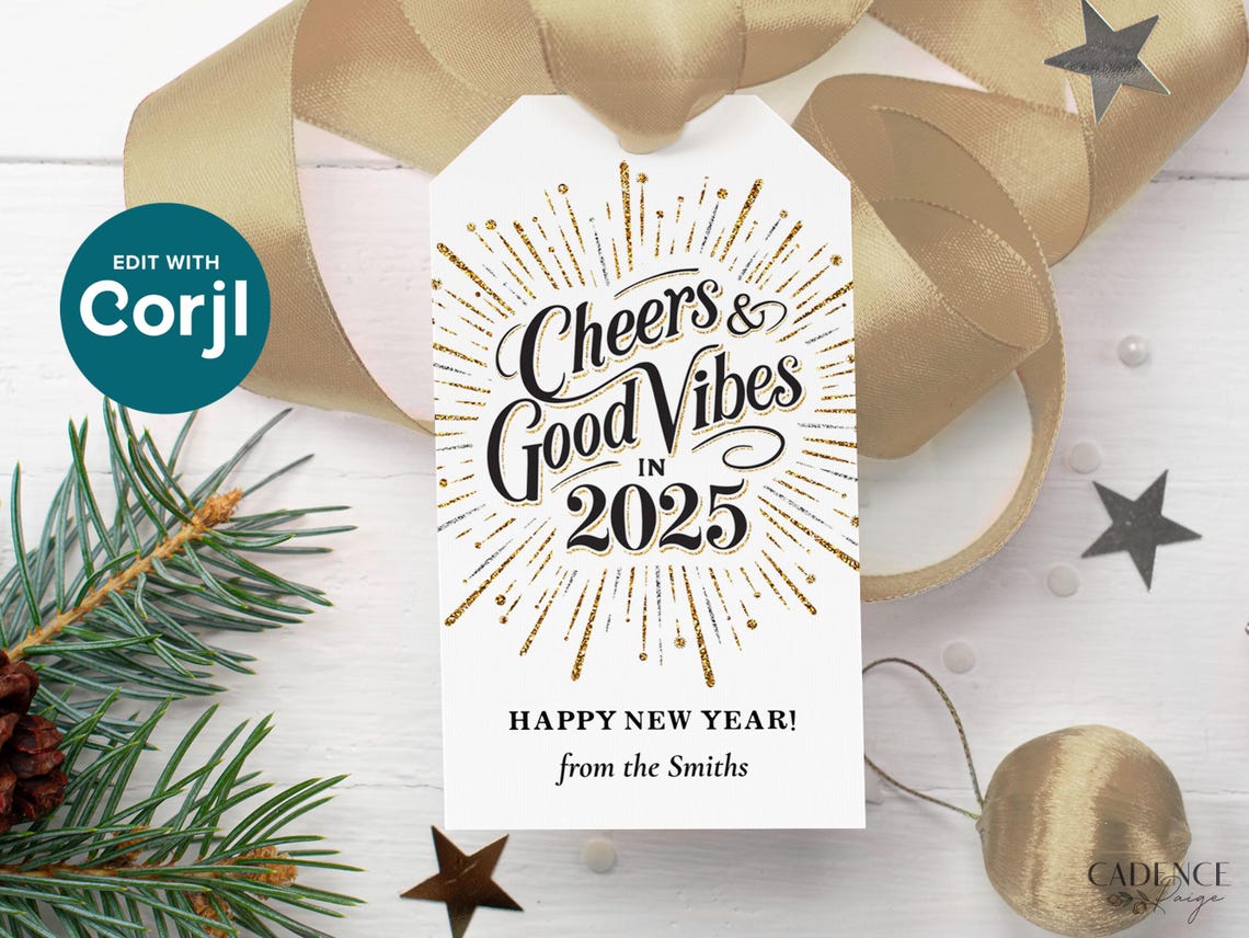 New Year's Gift Tag: Cheers to 2025, Editable NYE Bottle Tag (digital ...