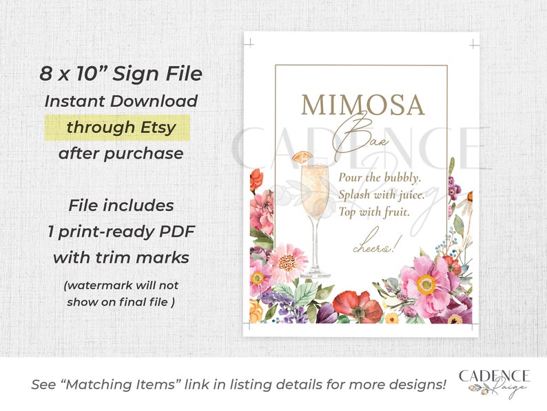 8 X 10 Wildflowers Mimosa Bar Sign, Tea Party Bridal Shower Mimosas ...