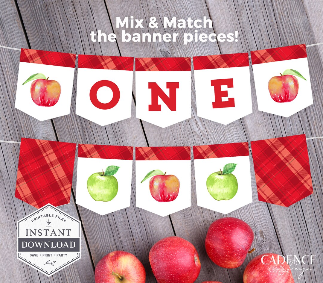 First Birthday Apple Banner, Printable Apple Bunting, Apple Pie 1st ...