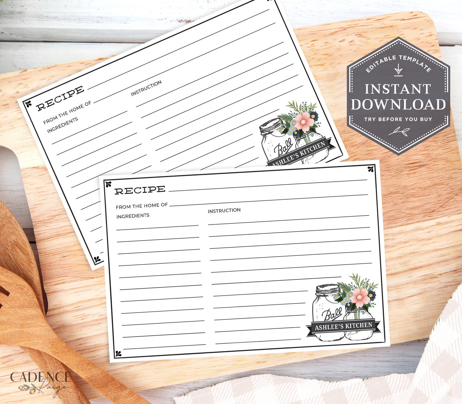 Farmhouse Recipe Card Mason Jar Recipe Card Stock the | Etsy