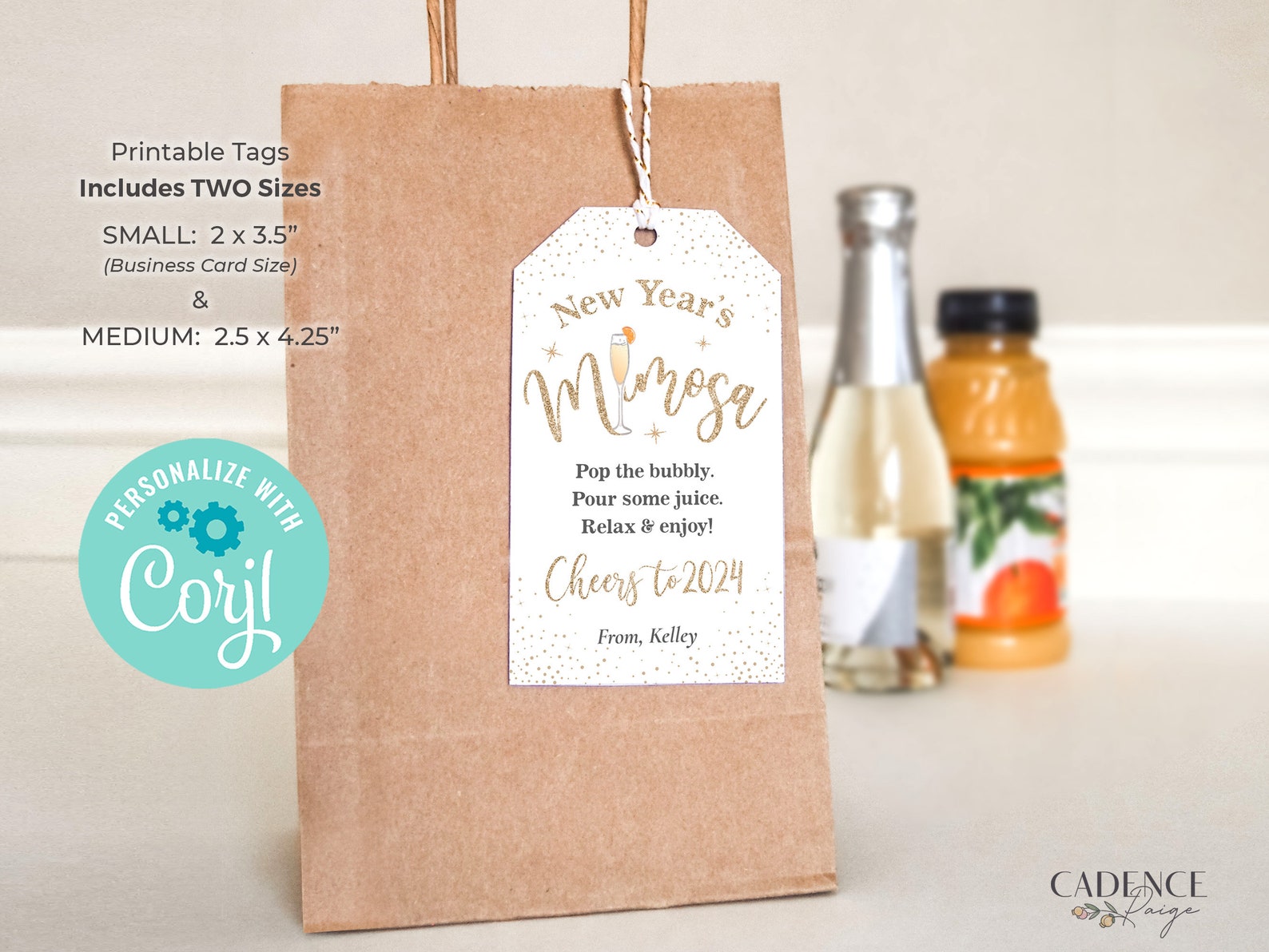 Happy New Year Mimosa Gift Tag, Printable New Years Tag, New Years Eve ...