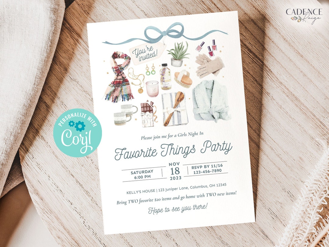 Favorite Things Party Invitation, Girls Gift Exchange Invitation, Girls ...