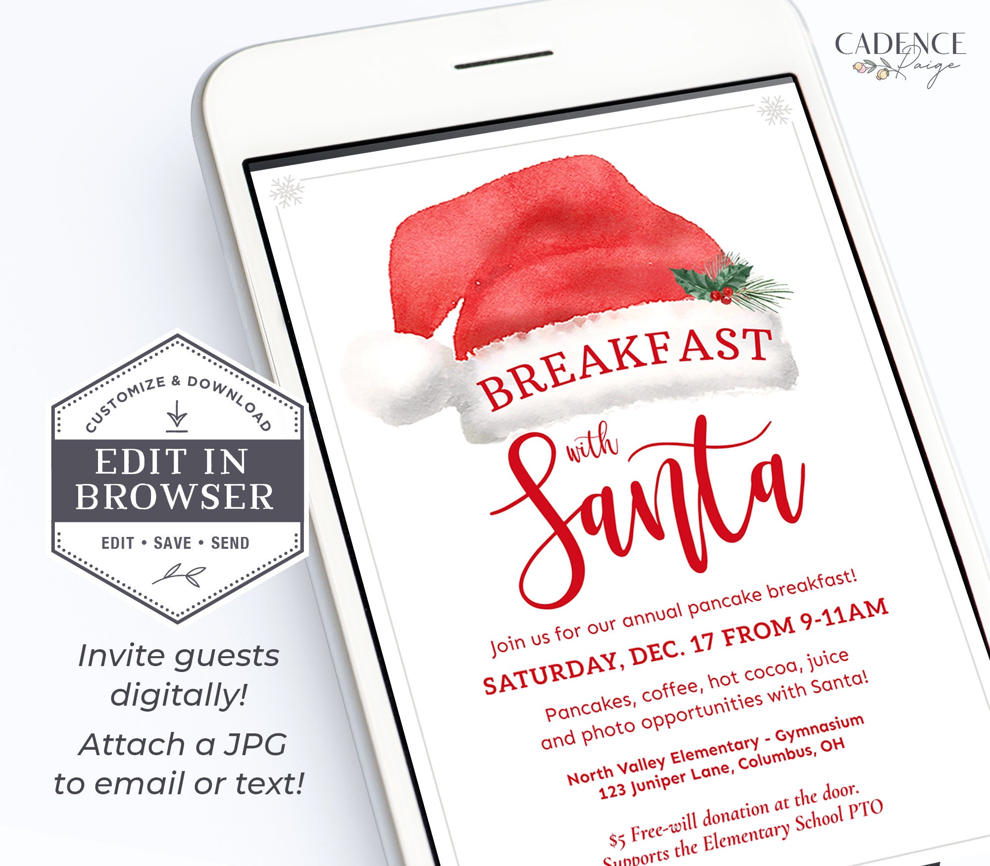 Breakfast With Santa Invitation, Santa Breakfast Flyer, Fundraiser ...