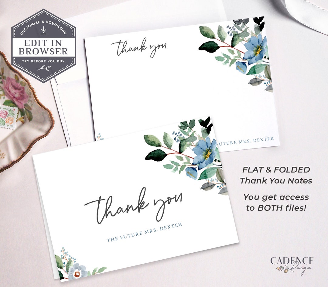 Dusty Blue Thank You Cards, Blue Floral Thank You Notes, Matching Blue ...
