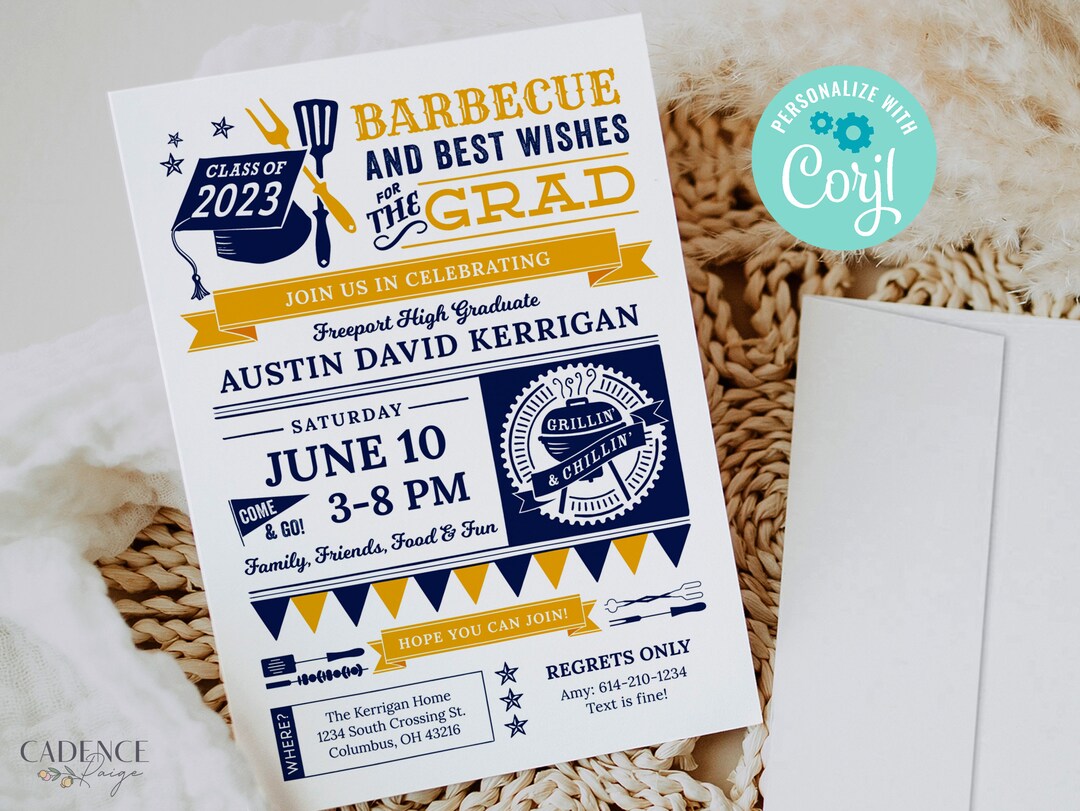 BBQ Graduation Party Invite BBQ Grad Party Invitation Navy - Etsy